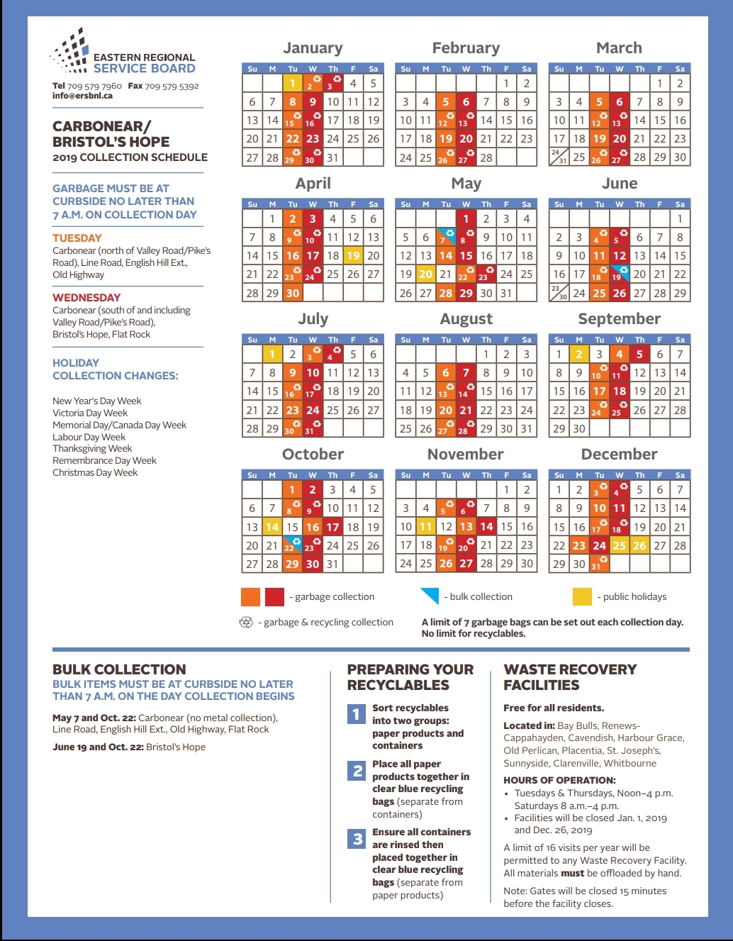 2019 Town of Carbonear Waste Collection Schedule - Town of Carbonear