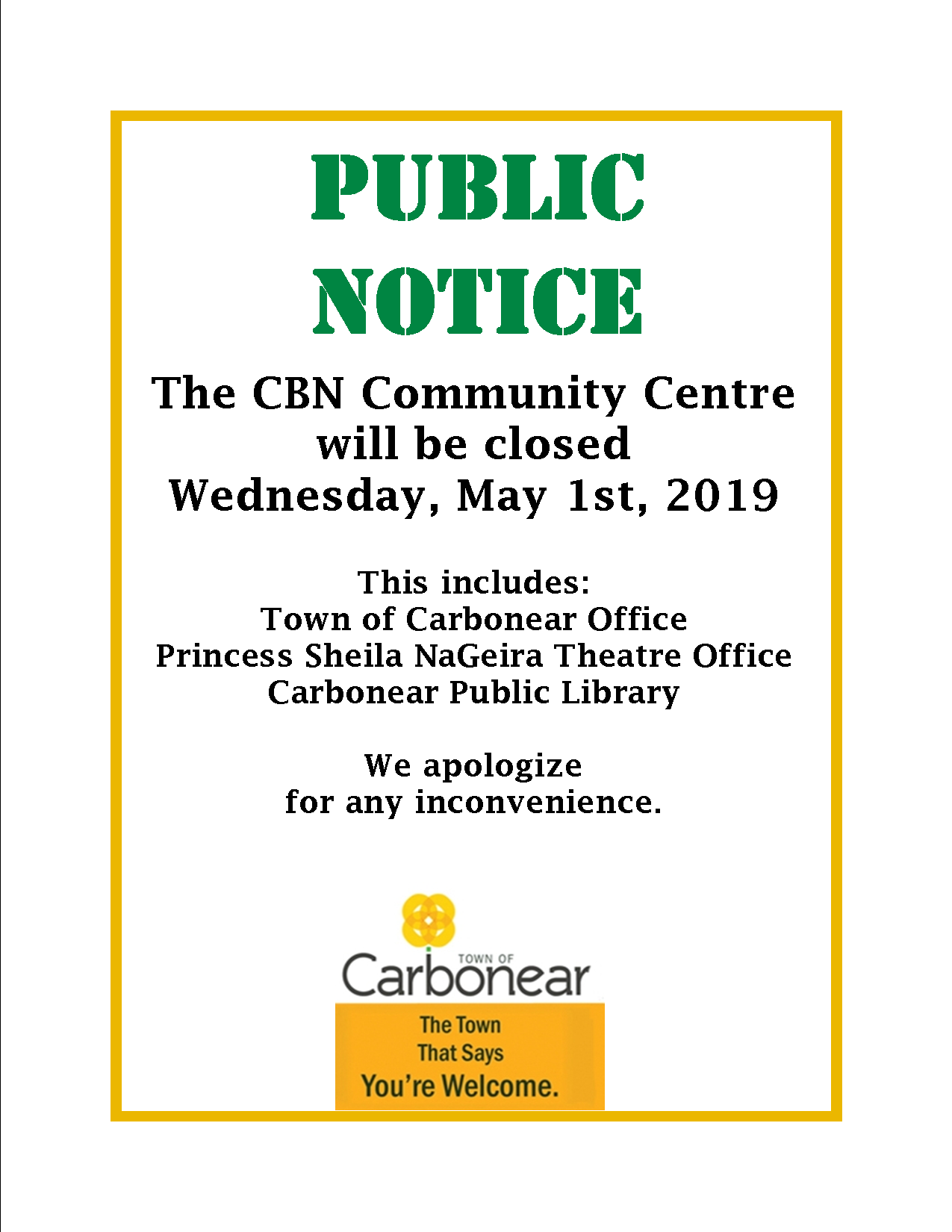 Public Notice: The CBN Community Centre will be closed Wednesday, May ...