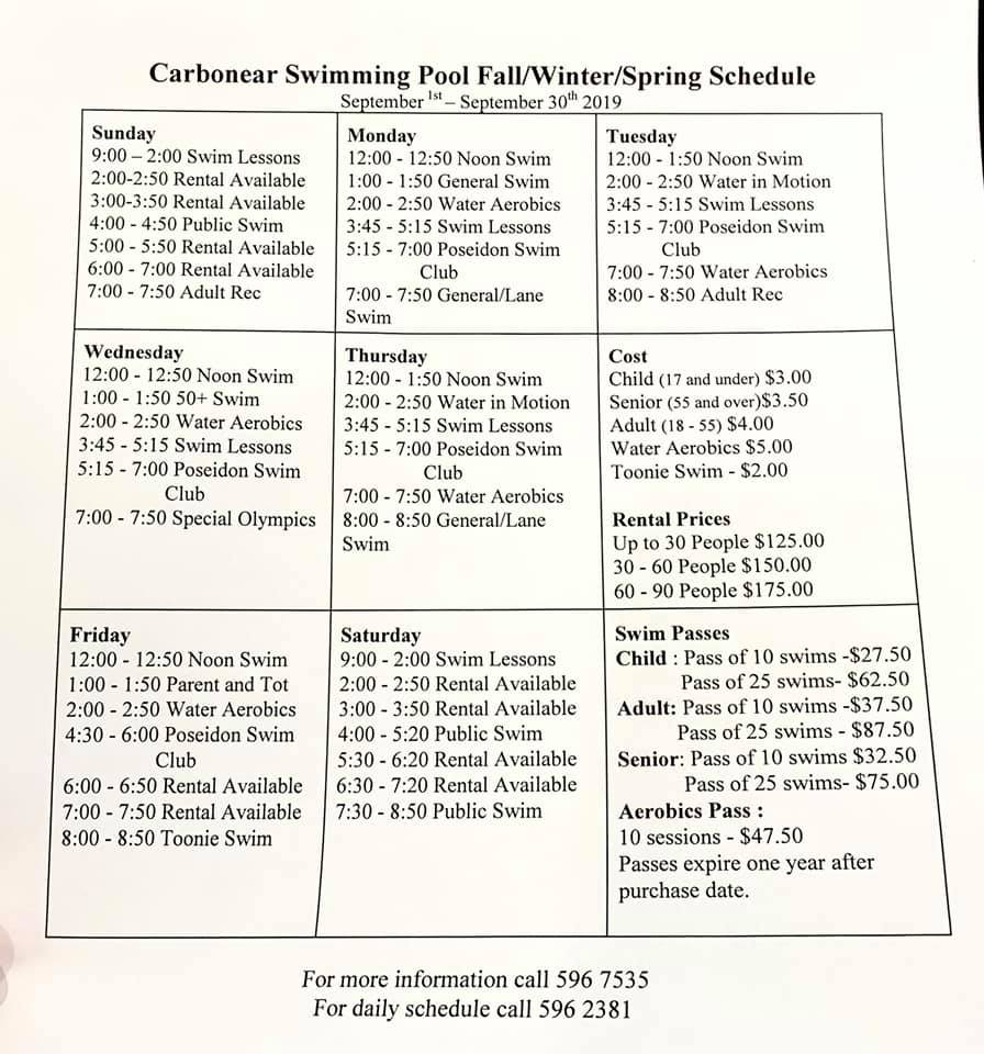 September Pool Schedule - Town of Carbonear