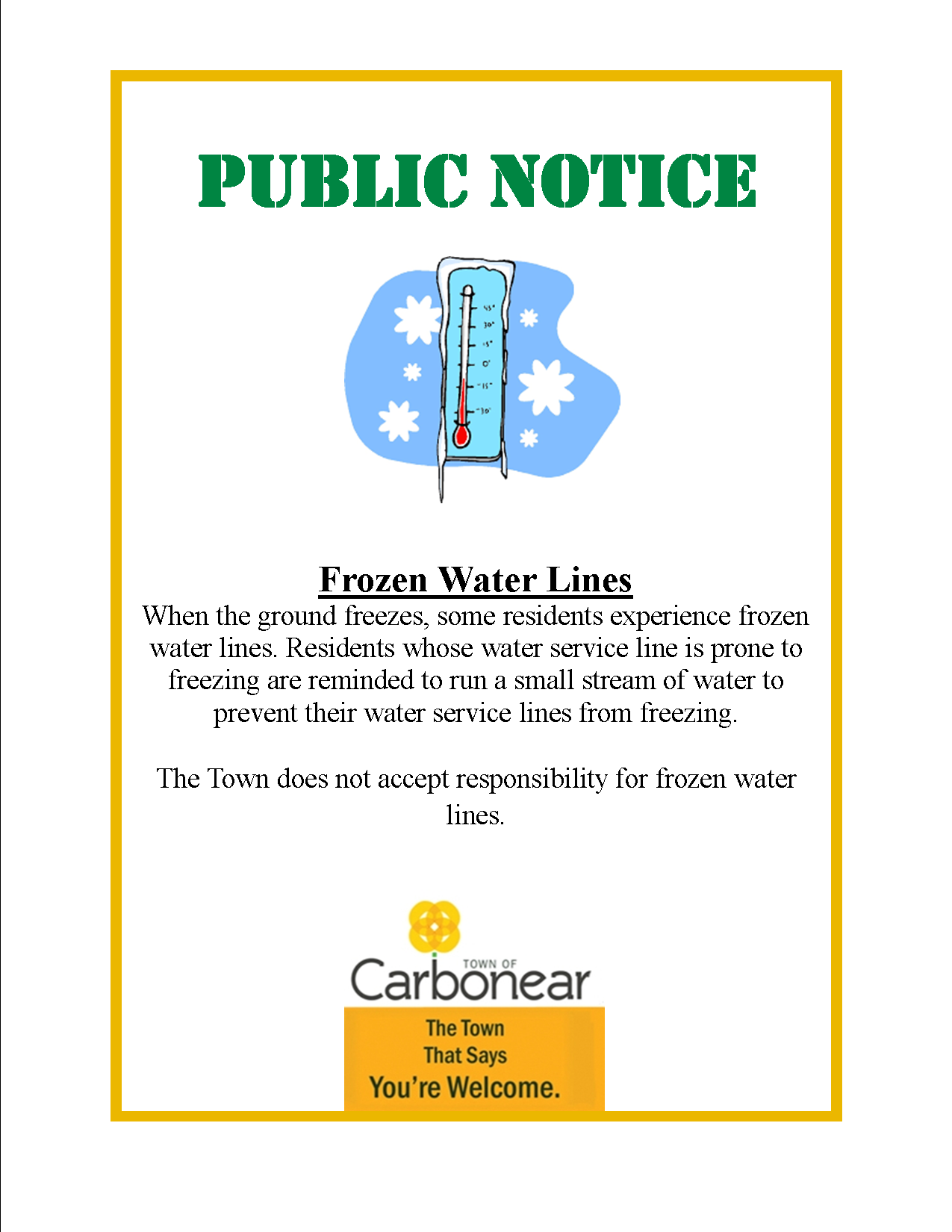 Public Notice: Frozen Water Lines - Town of Carbonear