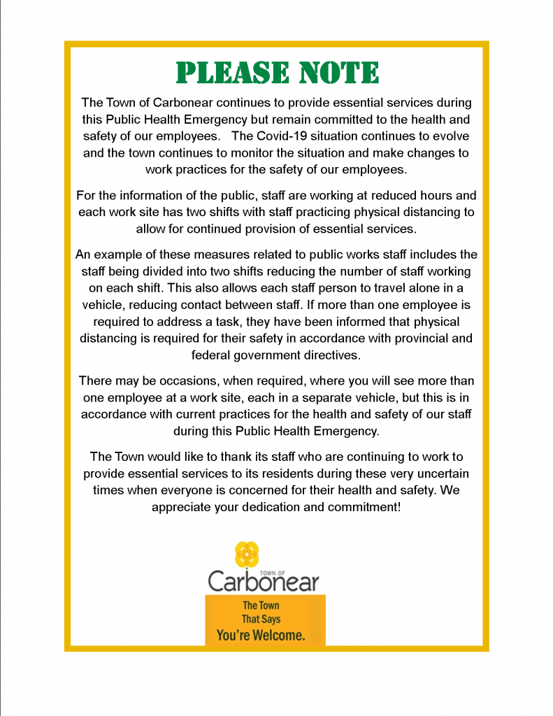 Please Note: - Town of Carbonear