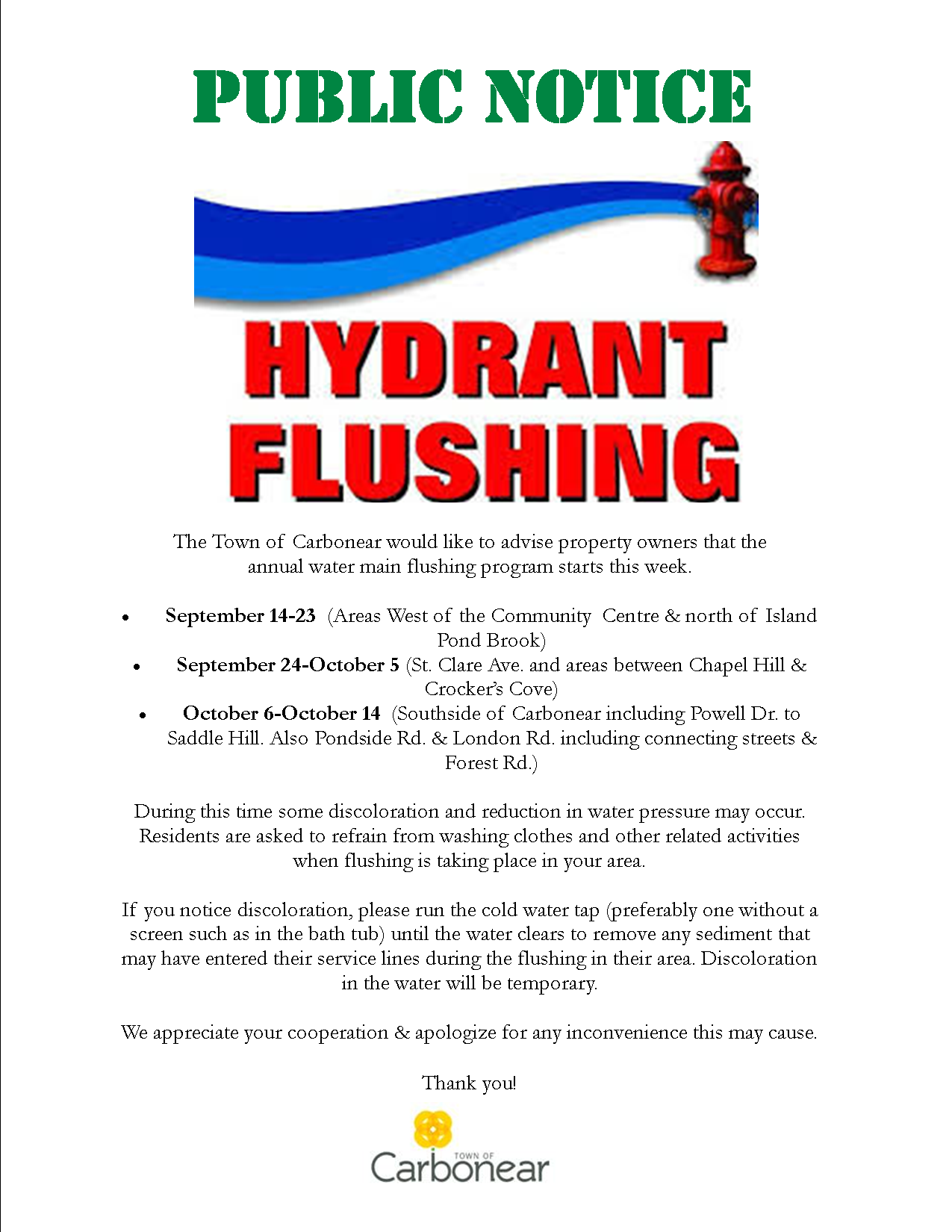 Notice: Hydrant Flushing - Town of Carbonear