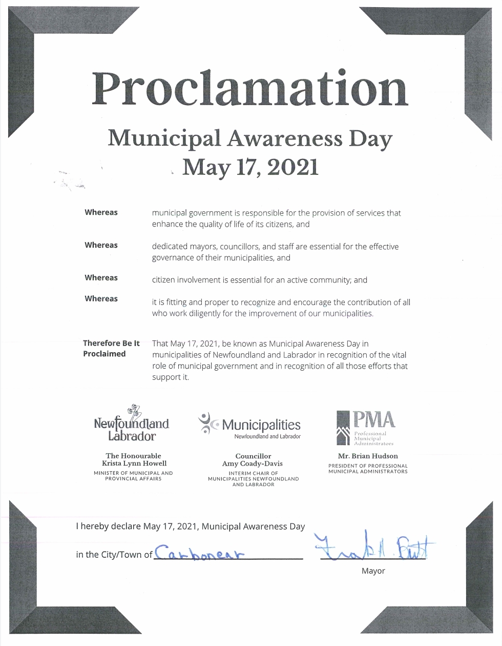 Monday, May 17, 2021 declared Municipal Awareness Day - Town of Carbonear