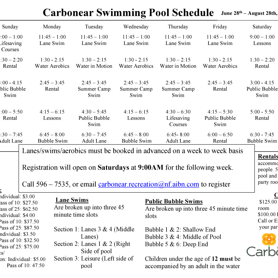 Carbonear Swimming Pool Summer Schedule - Town of Carbonear