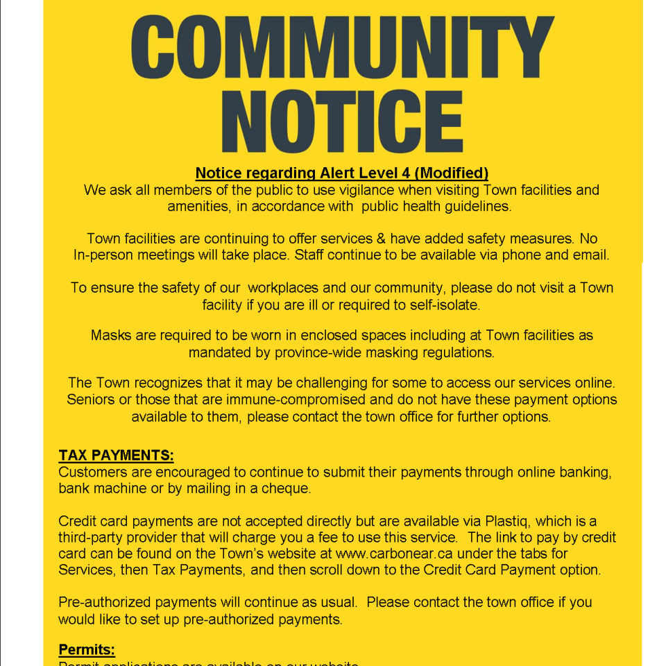 Notice regarding Alert Level 4 (modified) and Town of Carbonear ...