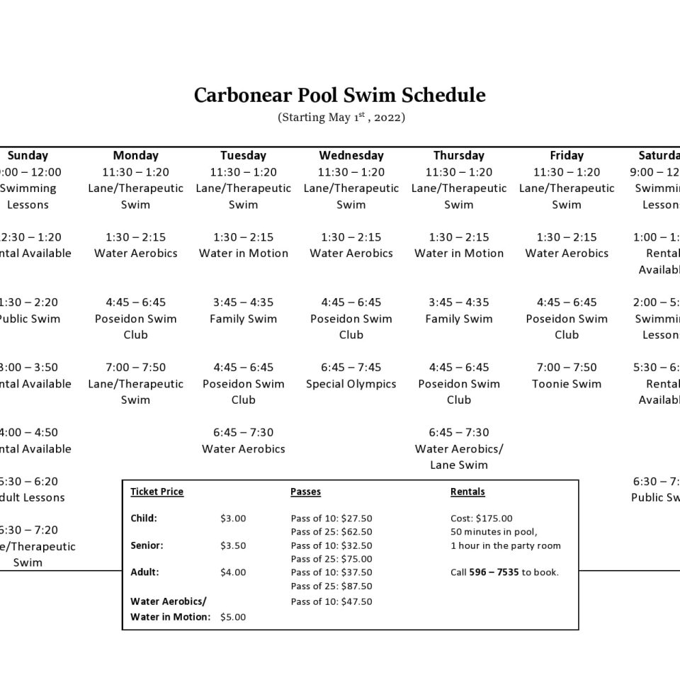 Carbonear Swimming Pool Schedule as of May 1, 2022 - Town of Carbonear