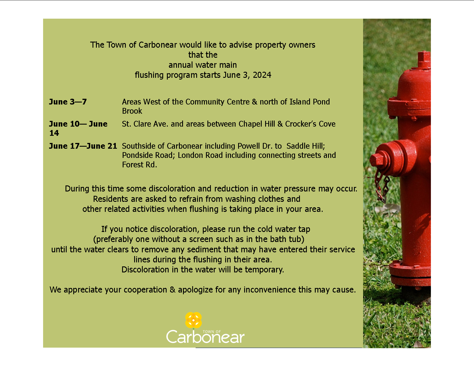 NOTICE: Annual Water Main Flushing Program starts today, Monday, June 3 ...