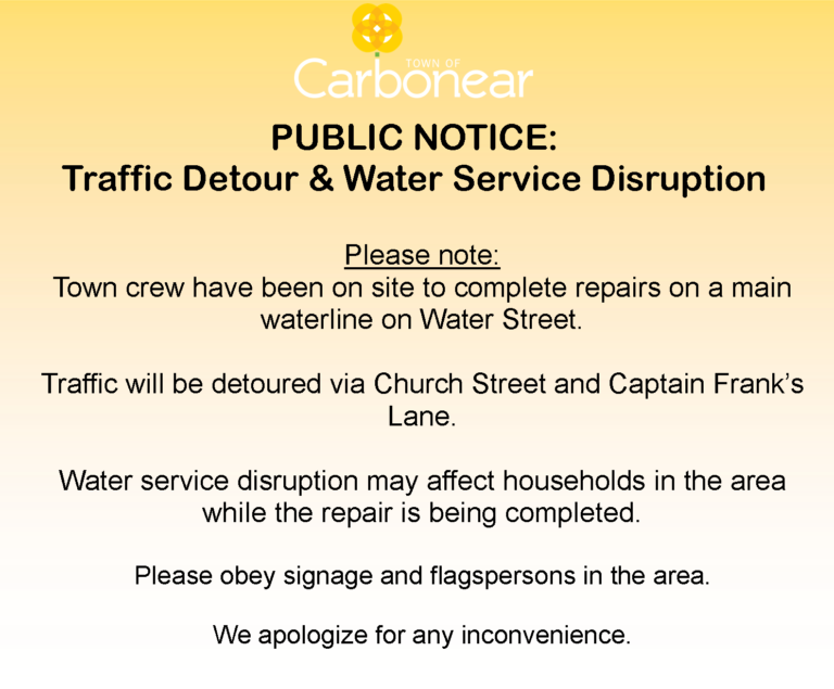 Traffic Detour and Water Service Disruption Notice - Town of Carbonear